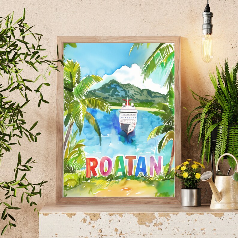 Roatan Watercolor Print, Tropical Island Cruise Ship Wall Art ...