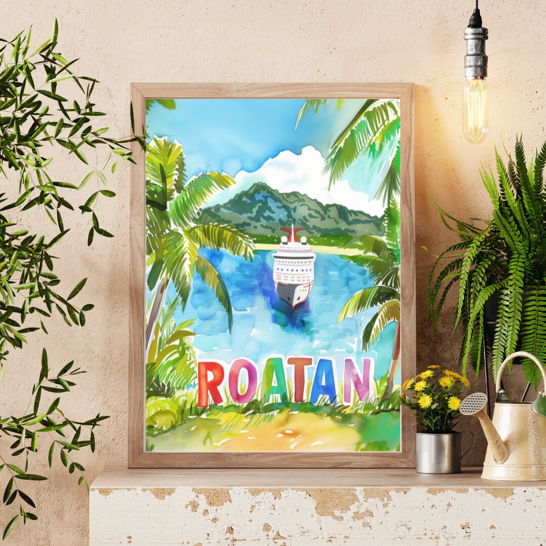 Roatan Watercolor Print, Tropical Island Cruise Ship Wall Art ...