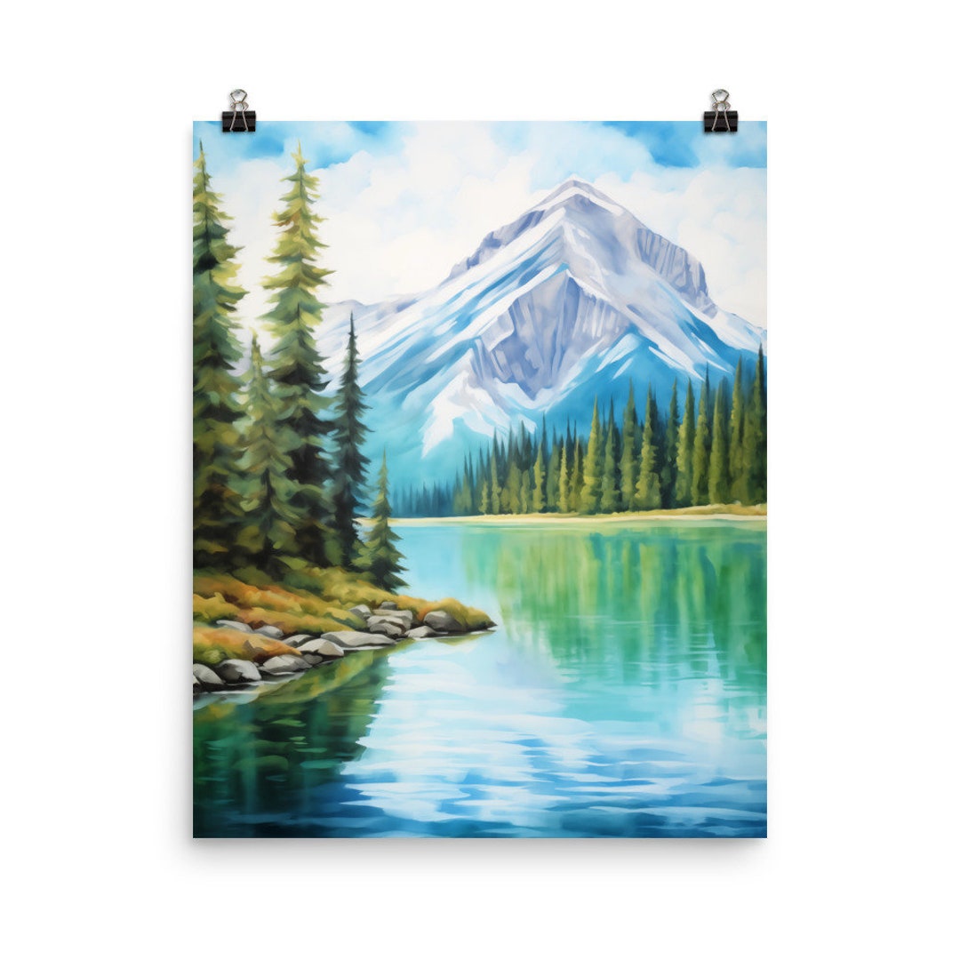 Emerald Lake Watercolor Print, Canadian Rockies Mountain Landscape Wall ...