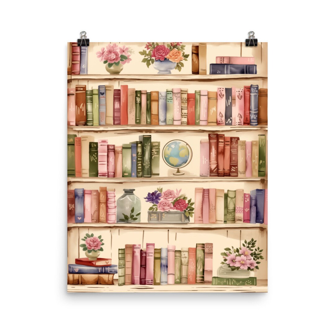 Retro Bookshelf Watercolor Print Book Lovers Bookstore Poster Bedroom ...