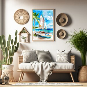 Haitian Fishing Sloop Watercolor Print, Tropical Beach Wall Art ...