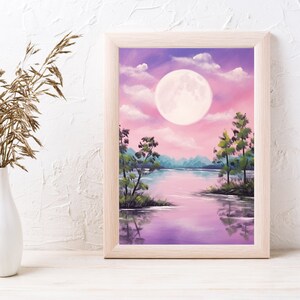 Full Moon Pink Sky Watercolor Print Moon Wall Art Pink Sky Art ...