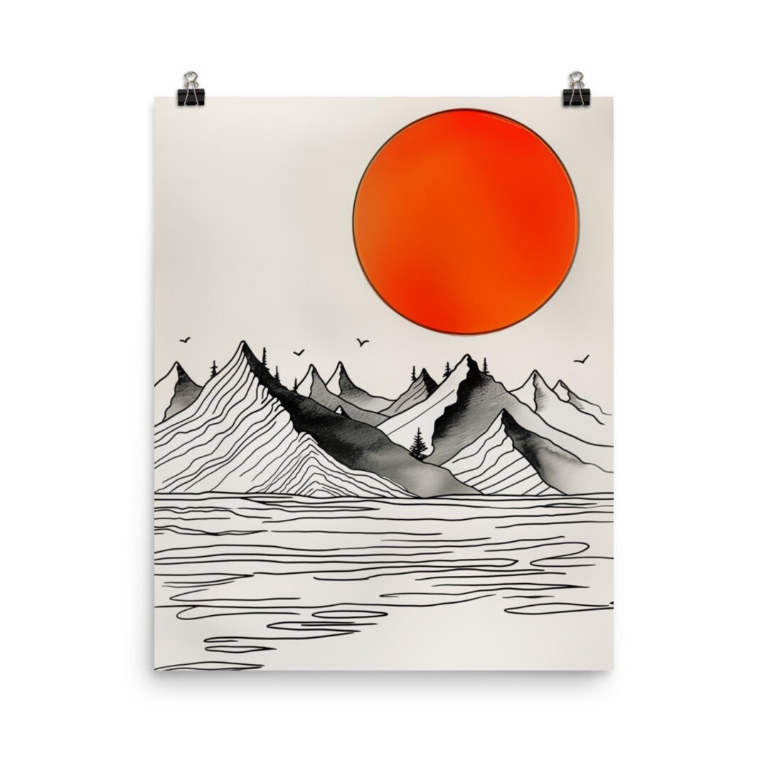 Sunset Lake Line Art Print, Minimalist Mountain Landscape, Modern ...
