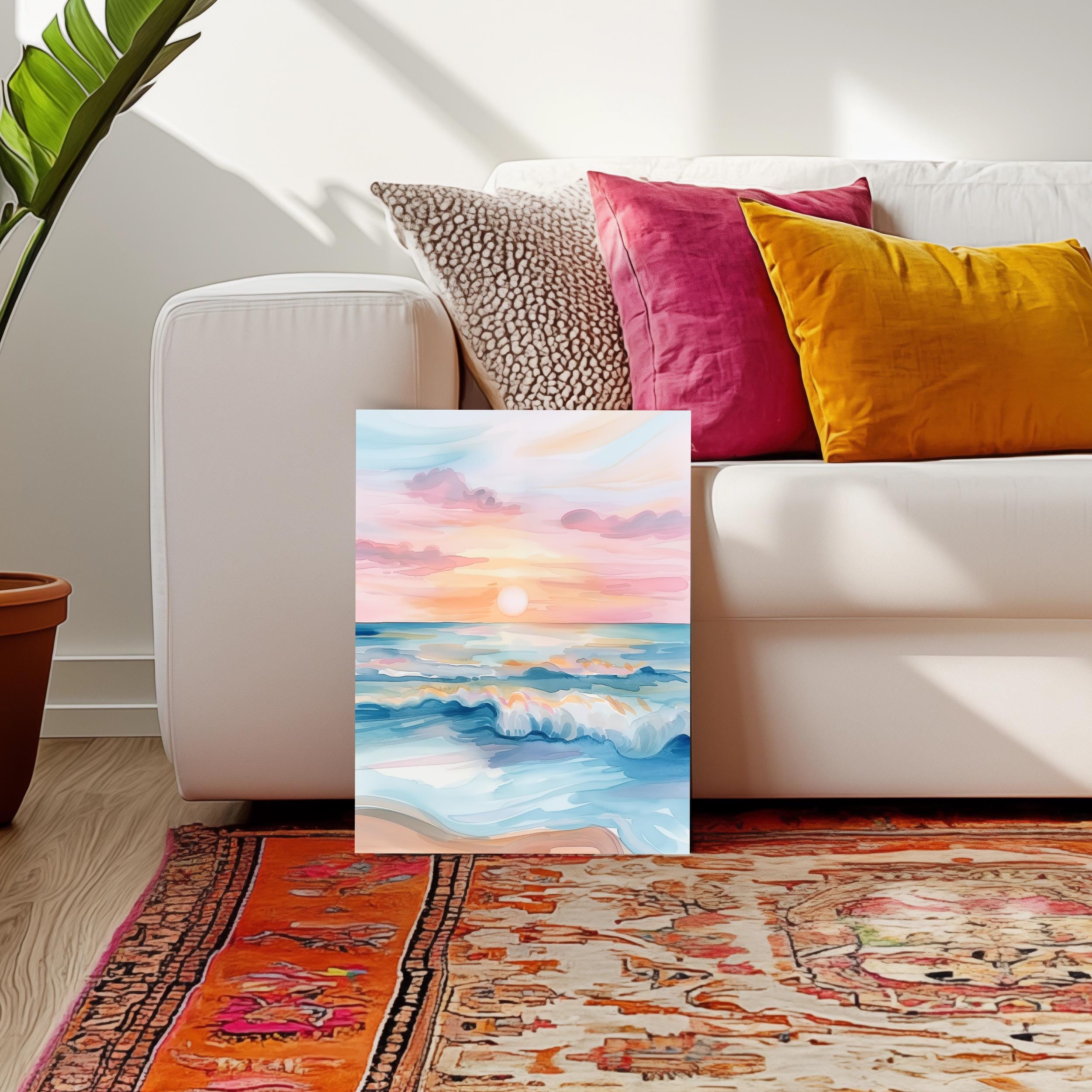 Pastel Beach Sunset Watercolor Print, Coastal Seascape Wall Art, Ocean ...