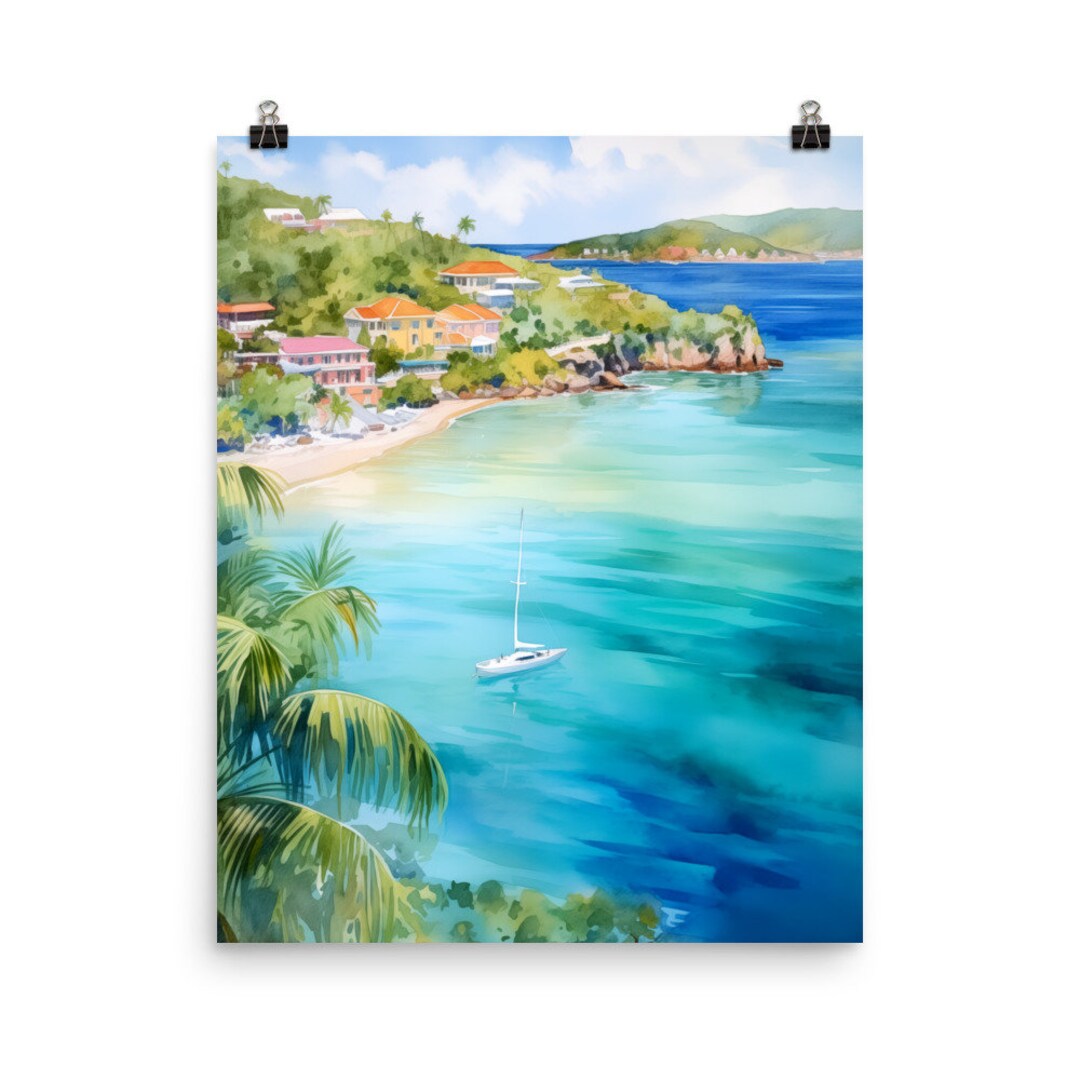 St Maarten Watercolor Print: Turquoise Caribbean Island Art - Etsy