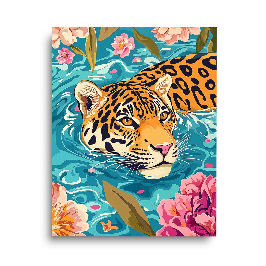 Leopard in Dancing Waters Watercolor Print, Jungle Cat Wall Art, Exotic ...