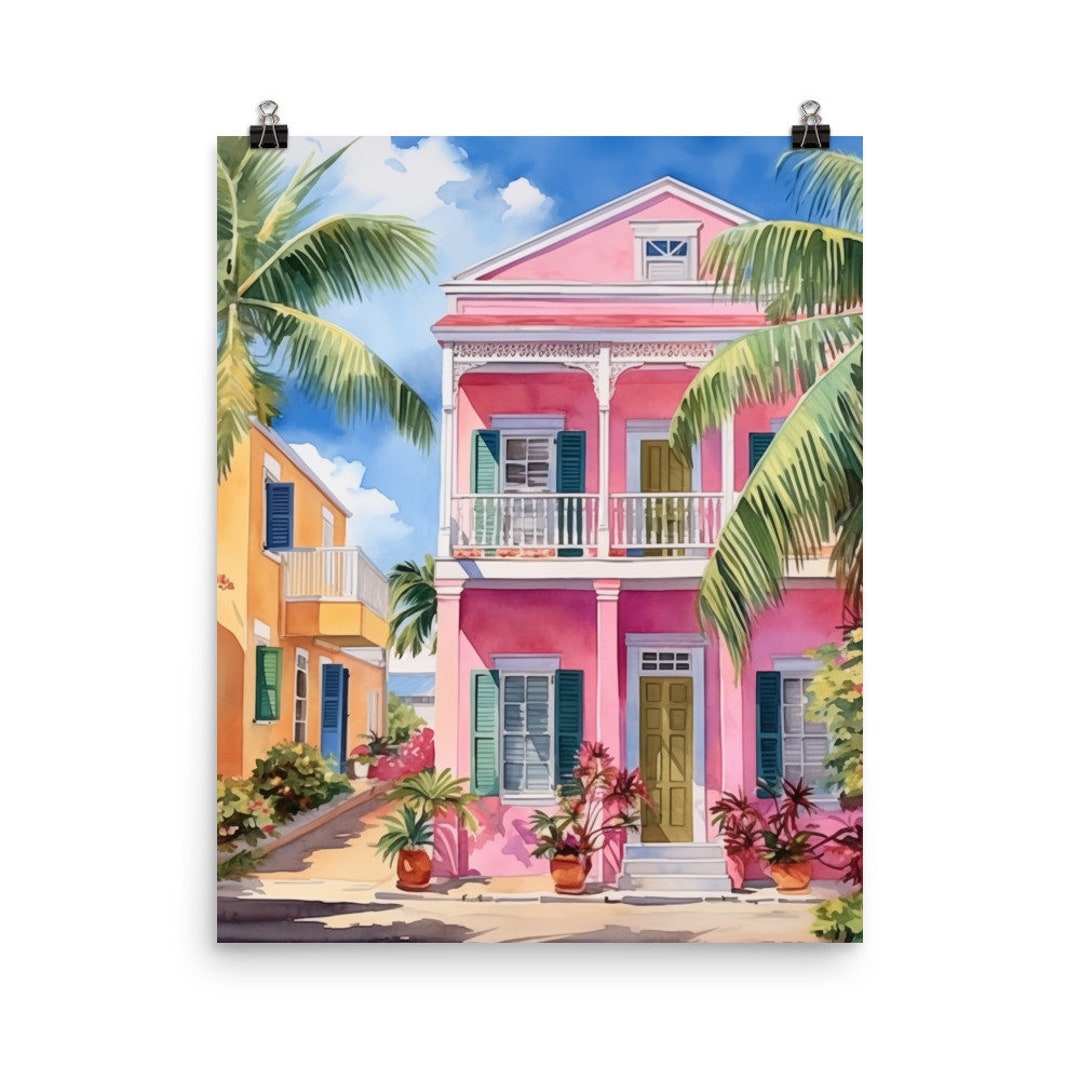 St. Thomas Watercolor Print, Caribbean Pink House Art, Virgin Islands ...