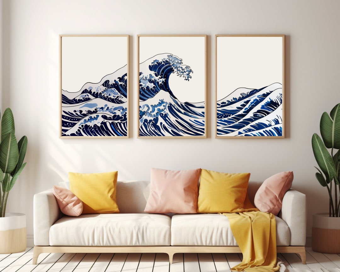 Japandi Blue Wave Watercolor Print Set of 3, Minimalist Ocean Wall Art ...
