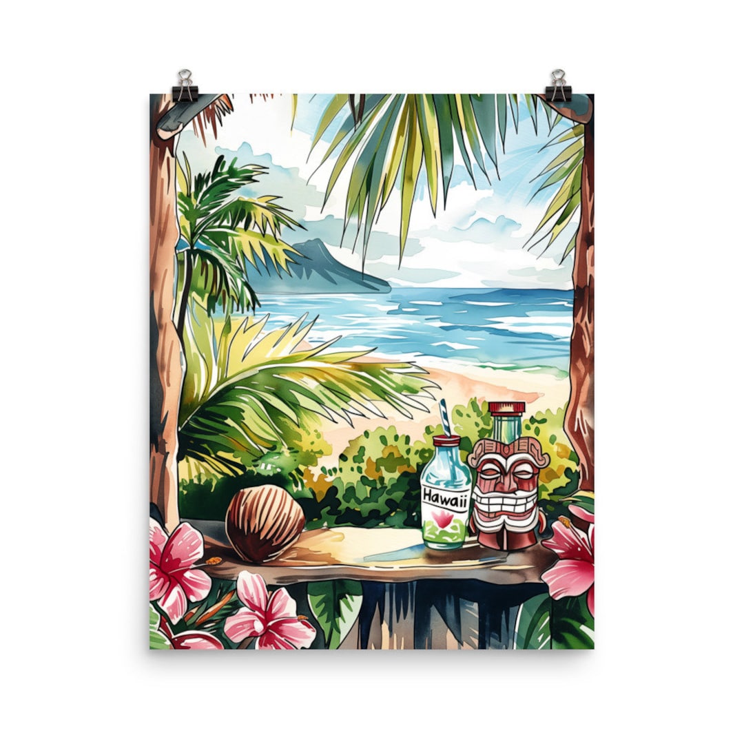 Hawaiian Tiki Bar Watercolor Print, Tropical Island Wall Art, Hawaii ...