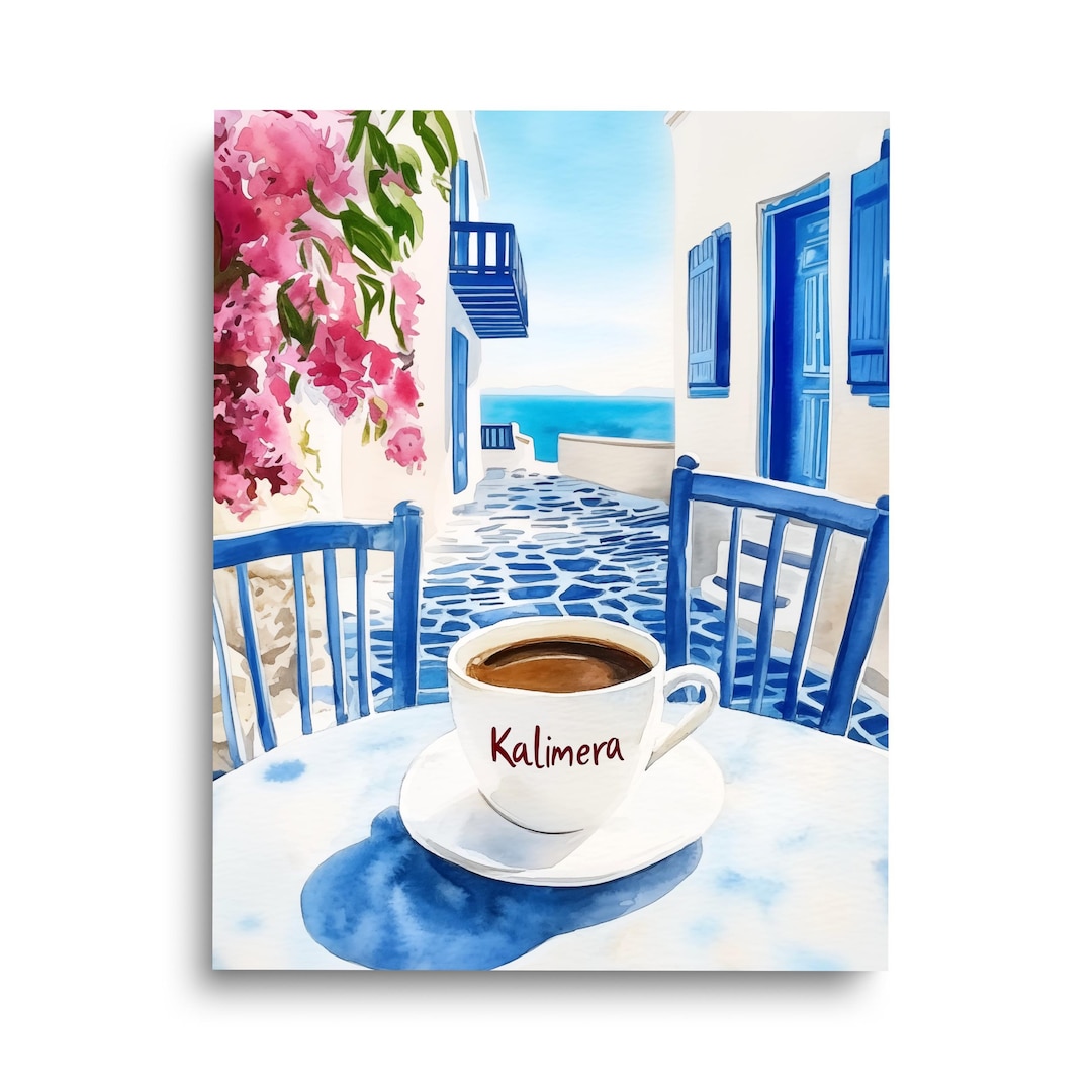 Kalimera Coffee Watercolor Print, Greek Seaside Art, Mediterranean Cafe ...