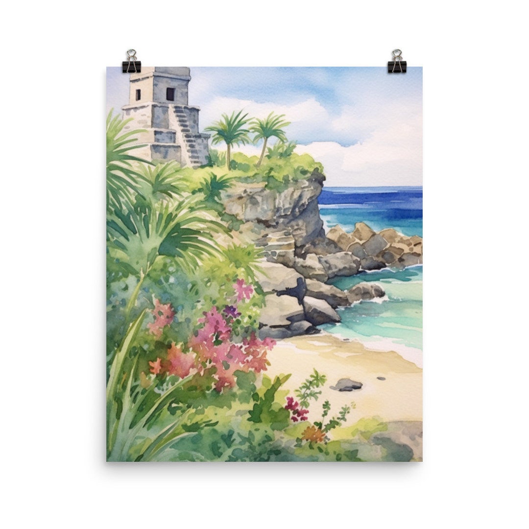 Tulum Watercolor Print | Mexico Home Decor | Caribbean Coastline ...