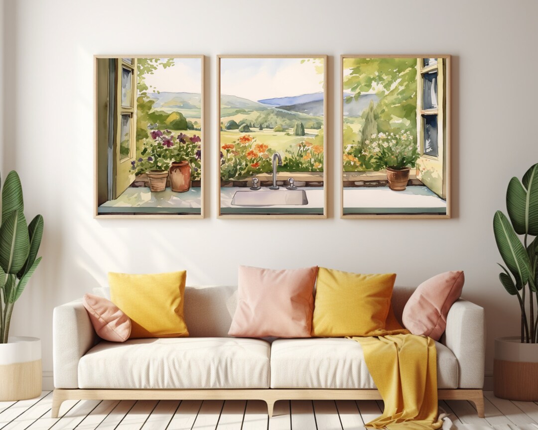 Scottish Kitchen Watercolor Print Set of 3, Countryside Window Wall Art ...