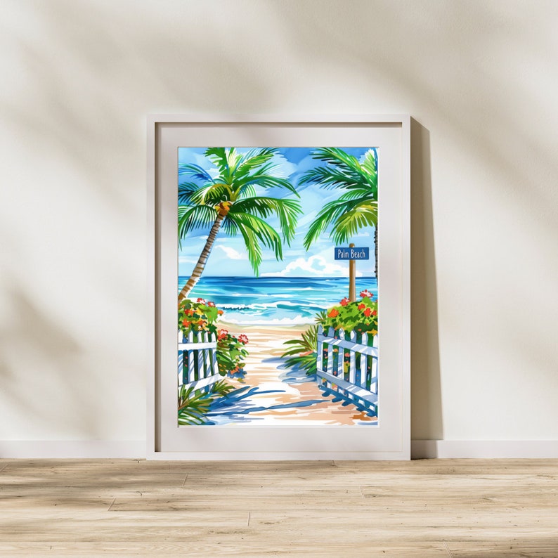 Palm Beach Watercolor Print, Tropical Coastal Wall Art, Florida Travel ...
