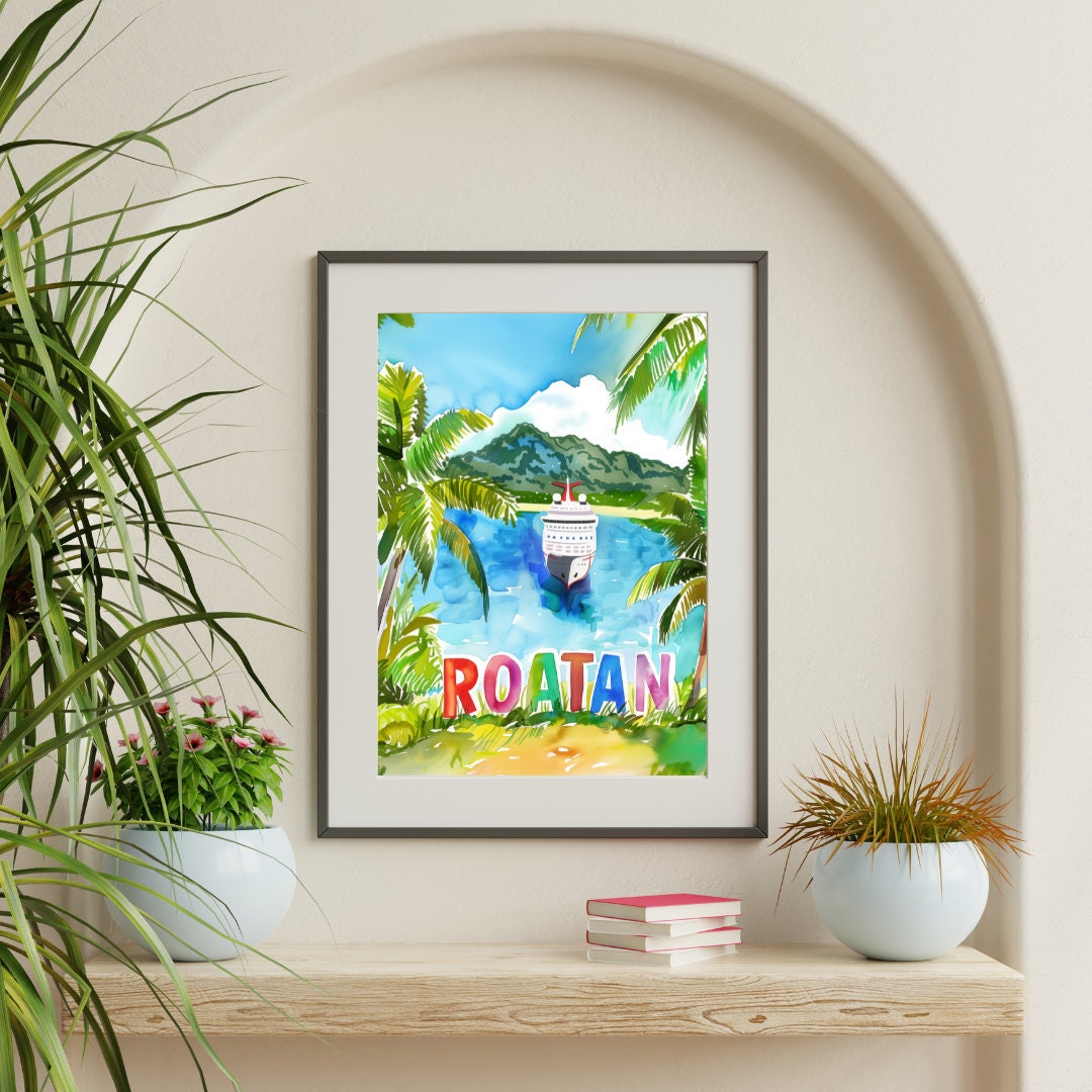 Roatan Watercolor Print, Tropical Island Cruise Ship Wall Art ...