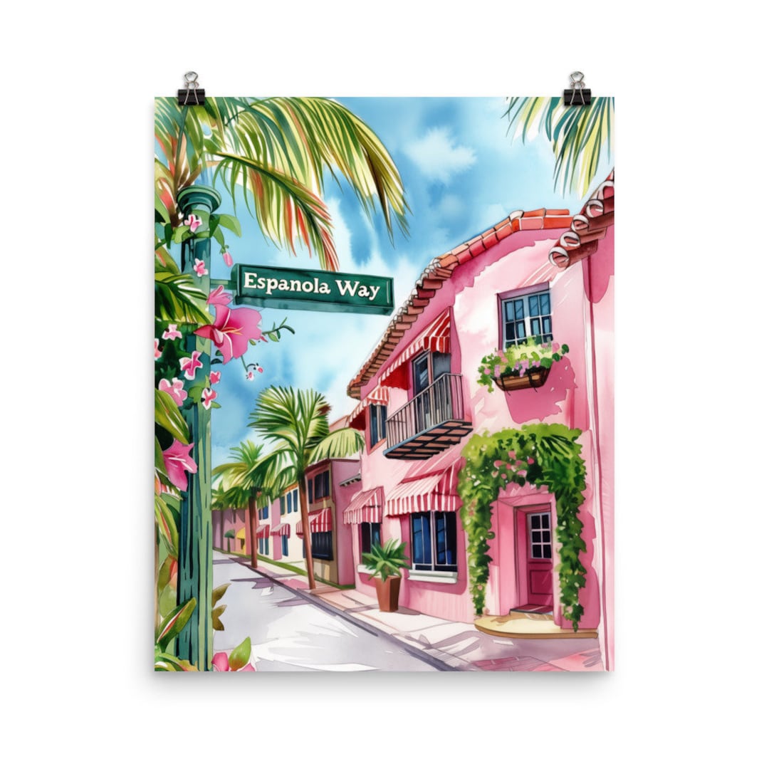 Espanola Way Watercolor Print, Miami Wall Art, Florida Cityscape Poster ...