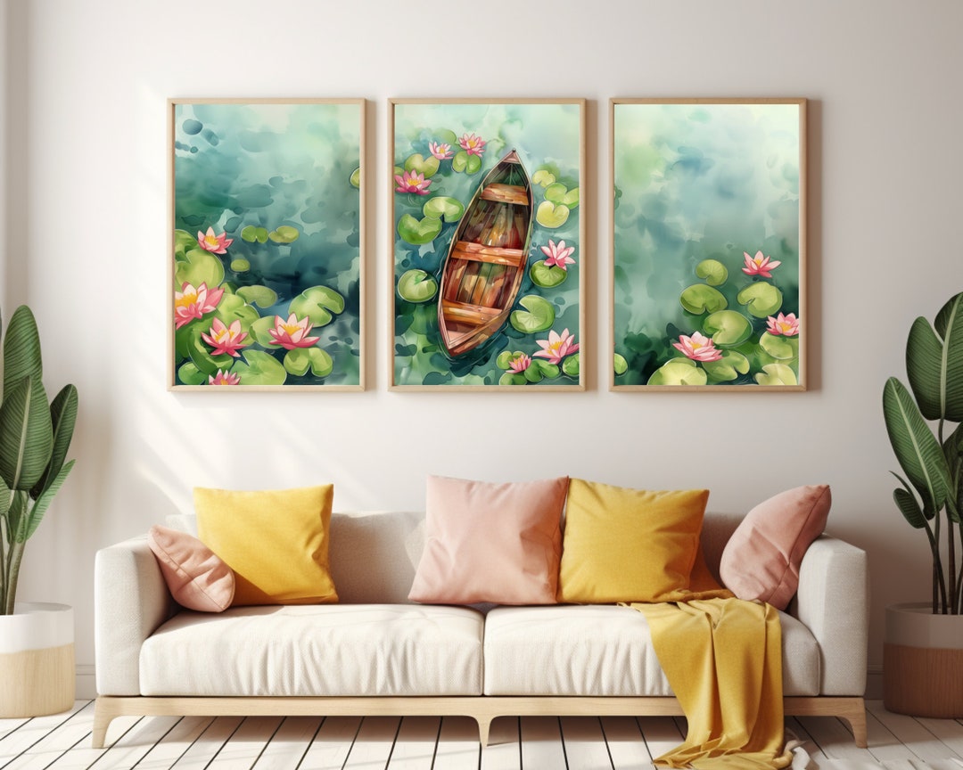 Boat and Water Lilies Watercolor Print | Set of 3 | Water Lily Wall Art ...