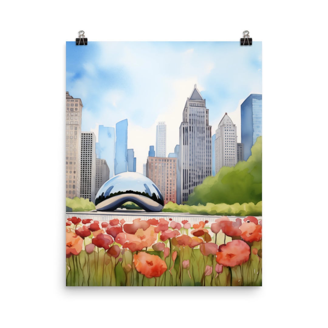 Chicago Bean Watercolor Print | Chicago Travel Gift | Illinois Wall Art ...