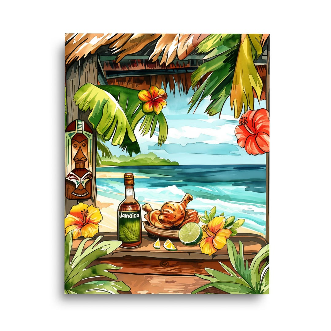 Jamaican Beach Bar Watercolor Print, Rum & Jerk Chicken Art, Montego ...