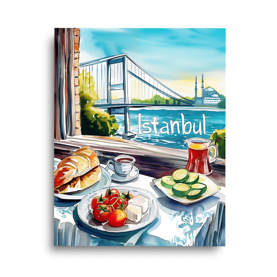 Istanbul Breakfast Watercolor Print, Bosphorus View Turkish Food Art ...