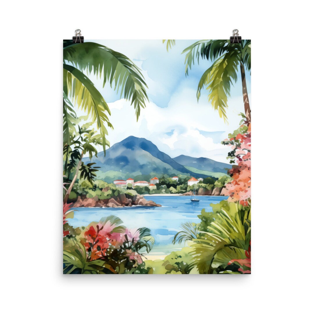 St. Barts Watercolor Print, Tropical Caribbean Island Art, Coastal ...