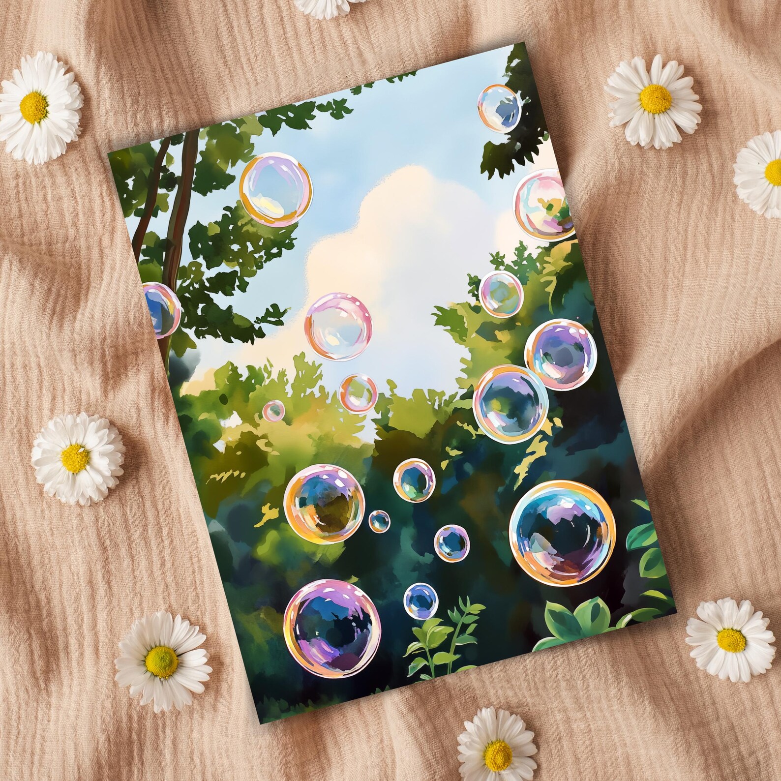 Bubbles in the Sky Watercolor Print, Dreamy Woodland Art, Nature ...