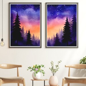 Forest Nightscape Watercolor Print | Set of 2 | Night Sky Wall Art ...