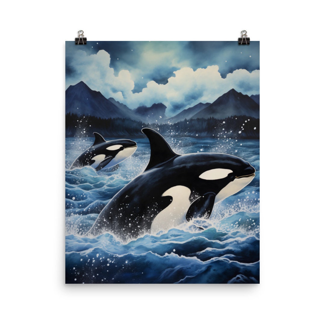 Orcas Watercolor Print | Northern Lights Wall Art | Whale Decor ...