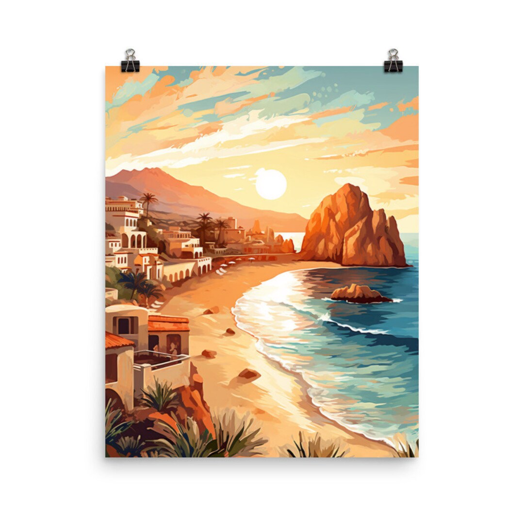 Cabo San Lucas Watercolor Print, Mexico Coastal Sunset Wall Art, Baja ...
