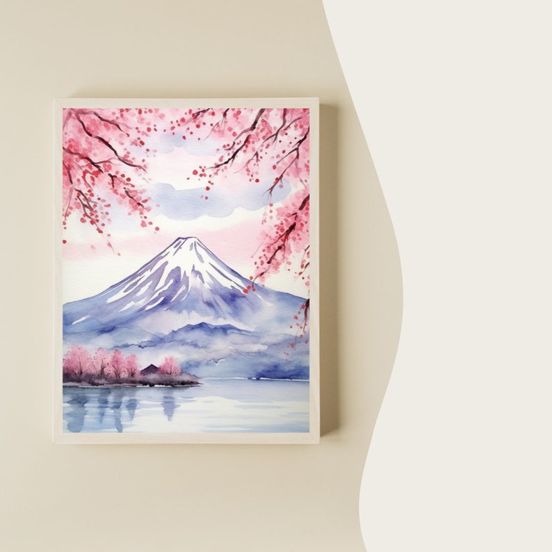 Mount Fuji Watercolor Print, Japanese Landscape Wall Art, Cherry ...
