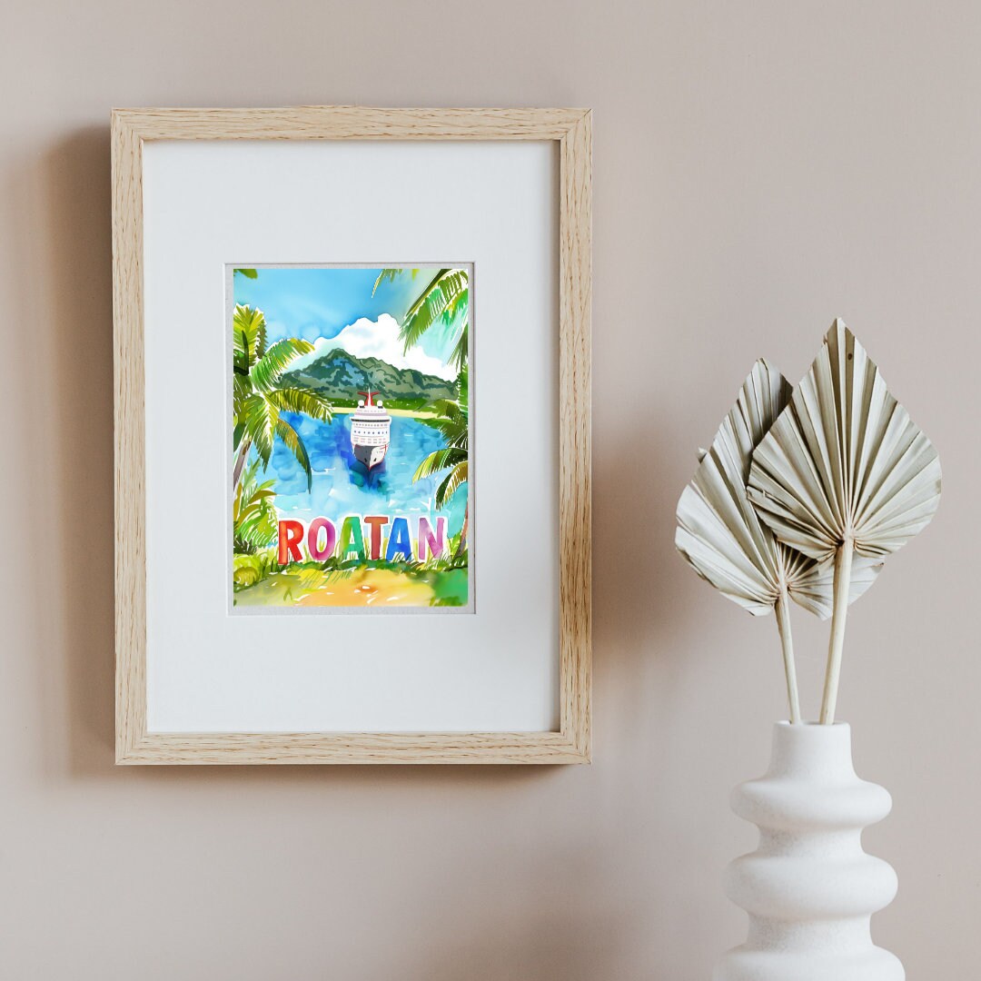 Roatan Watercolor Print, Tropical Island Cruise Ship Wall Art ...