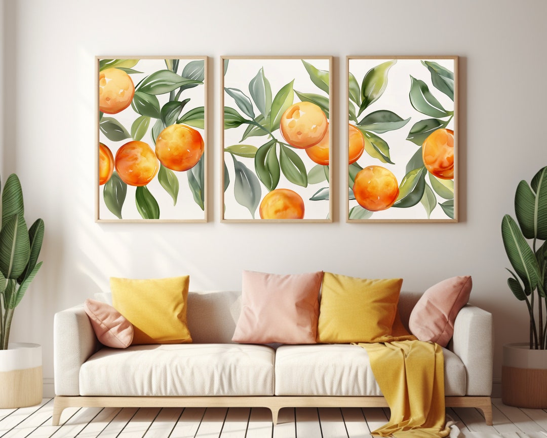 Orange Tree Watercolor Print, Set of 3, Citrus Kitchen Wall Art ...