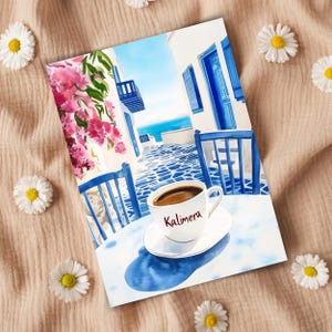 Kalimera Coffee Watercolor Print, Greek Seaside Art, Mediterranean Cafe ...