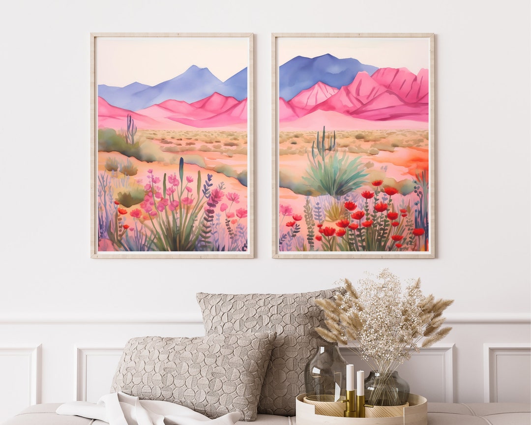 Cute Pink Desert Watercolor Print | Set of 2 | Pink Mountains Wall Art ...