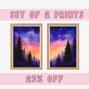 Forest Nightscape Watercolor Print | Set of 2 | Night Sky Wall Art ...