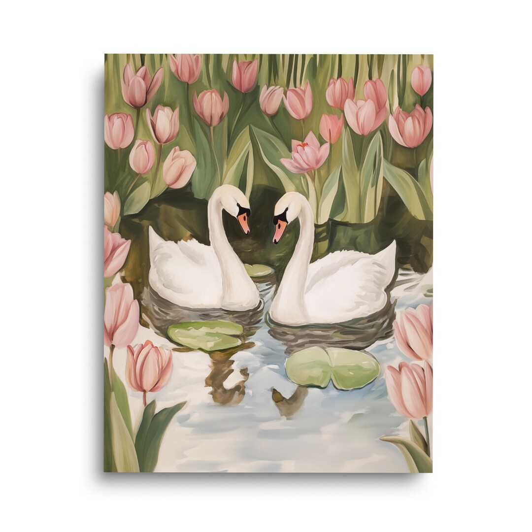 Vintage Swans Watercolor Print, Romantic Lily Pond Wall Art, Farmhouse ...