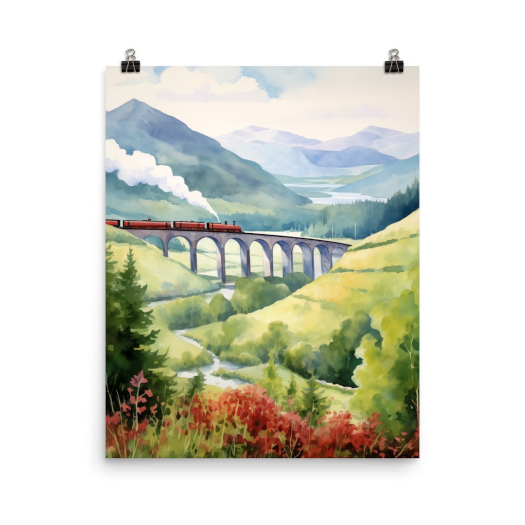 Glenfinnan Viaduct Watercolor Print, Scotland Steam Train Landscape Art ...