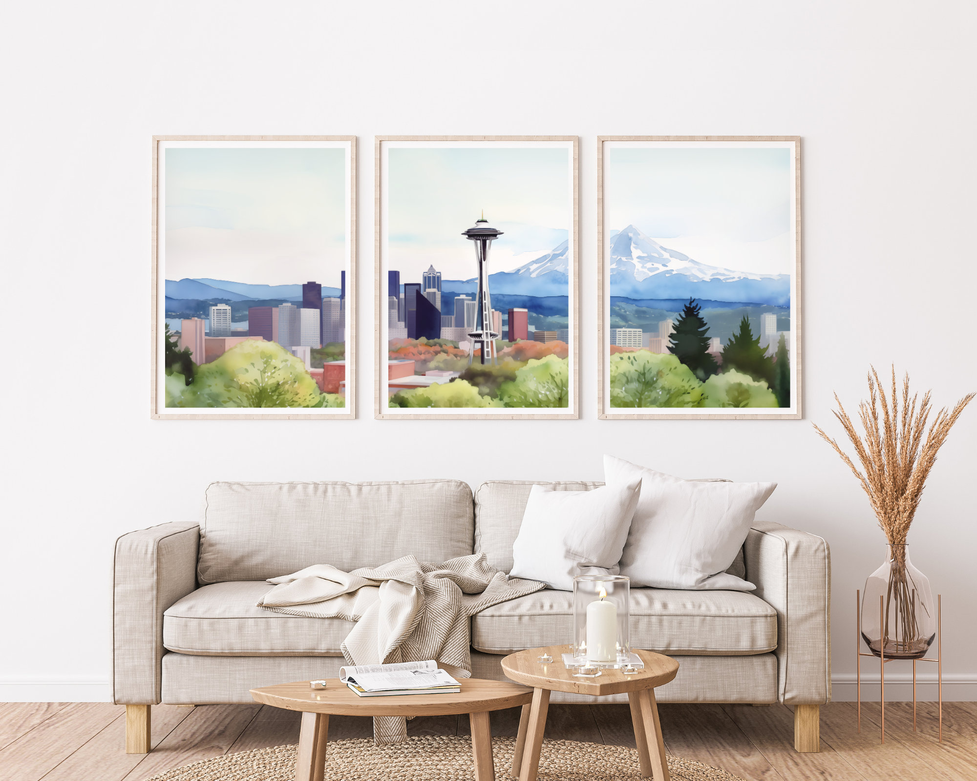 Seattle Skyline Watercolor Print Set of 3, Washington Cityscape Wall ...
