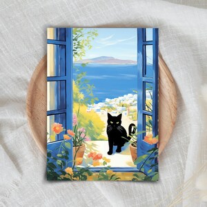 Black Cat Watercolor Print, Greece Travel Wall Art, Romantic ...