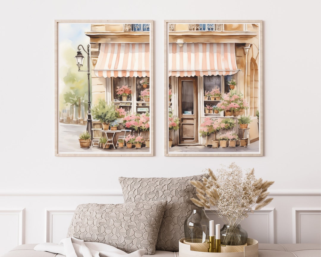 Paris Flower Shop Watercolor Print, Set of 2, French Travel Wall Art ...