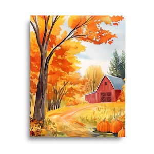Fall Pumpkin Farm Watercolor Print, Rustic Autumn Barn Art, Countryside ...