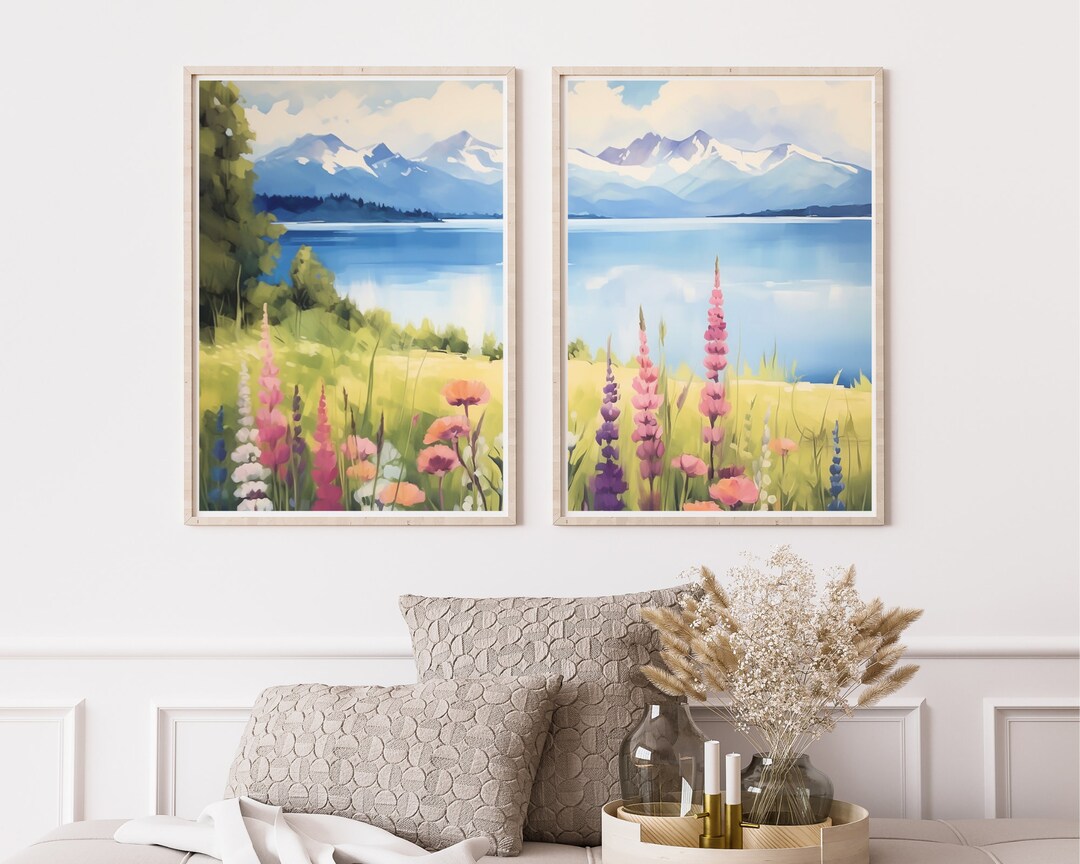 Lake Geneva Watercolor Print, Set of 2, Swiss Alpine Landscape Wall Art ...