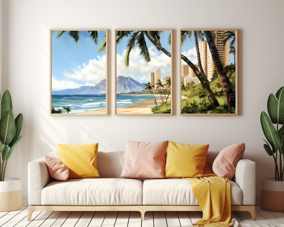 Honolulu Watercolor Print Set of 3, Tropical Hawaiian Beach Wall Art ...