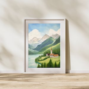 Bavarian Alps Watercolor Print, Germany Alpine Landscape, Mountain Wall ...