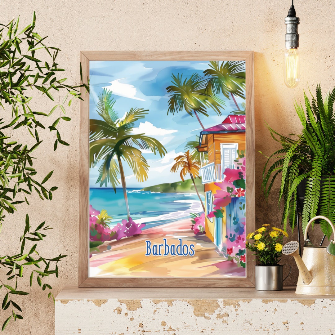 Barbados Watercolor Print, Caribbean Island Coastal Art, Tropical Beach ...