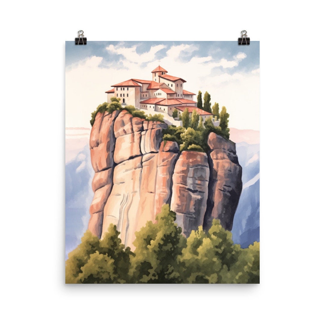 Meteora Monastery Watercolor Print, Greece Mountain Wall Art, European ...