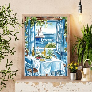Greek Kitchen Watercolor Print Greece Travel Gift Kitchen Decor Aegean ...