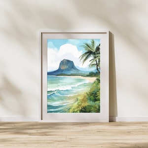 Le Morne Brabant Watercolor Print, Mauritius Tropical Wall Art, Coastal ...