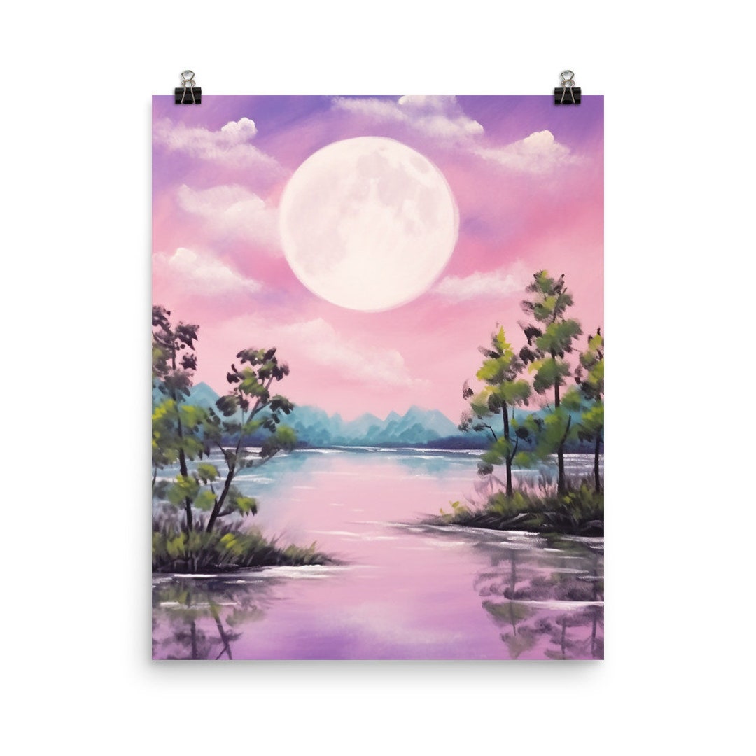 Full Moon Pink Sky Watercolor Print Moon Wall Art Pink Sky Art ...