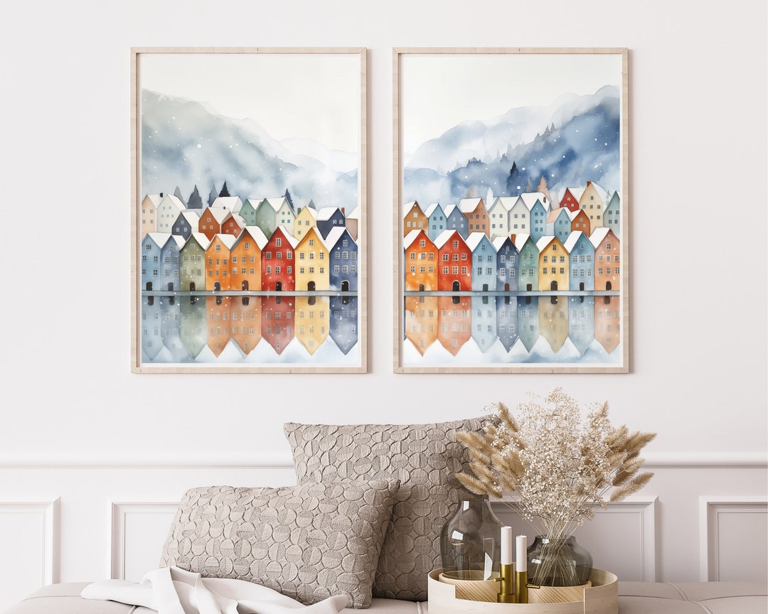Bergen Watercolor Print | Set of 2 | Norway Gift | Norwegian Wall Art ...