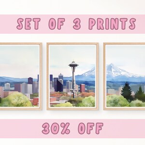 Seattle Skyline Watercolor Print Set of 3, Washington Cityscape Wall ...